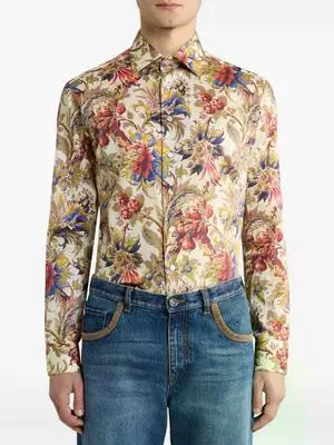 Etro Cotton Satin Shirt With Floral-motif - Neutrals