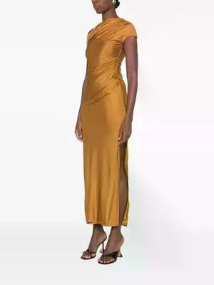 Galvan Toffee Satin Off-shoulder Draped Dress
