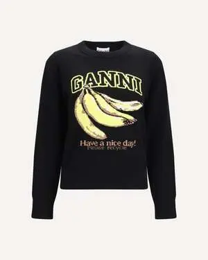 GANNI Banana Print Crew Neck Sweater - Black