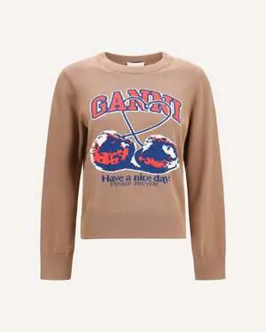 GANNI Cherry-print Cotton Crew Neck Sweater