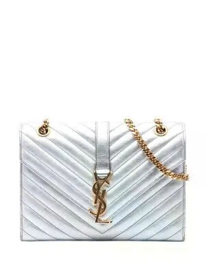 Saint Laurent Medium Chevron Metallic Calfskin Monogram Envelope Crossbody Bag - Silver