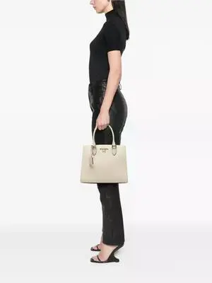 Prada Soft Calf Trimmed Saffiano Lux Satchel - White