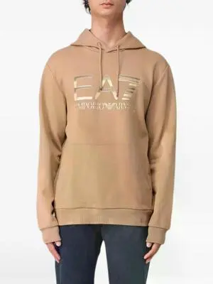 EA7 Logo Print Cotton Hoodie - Neutrals
