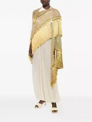 CHIARA IS Scialle Mantella Poncho With Fringed Trim - Gold