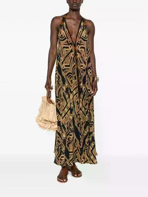 VOLANTIS Geometric Print Halterneck Maxi Dress - Brown