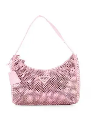 Prada Re-edition 2000 Crystal Embellished Satin Mini Hobo Bag - Pink