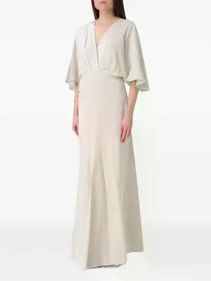 Agnona V-neck Flared Maxi Dress - Neutrals