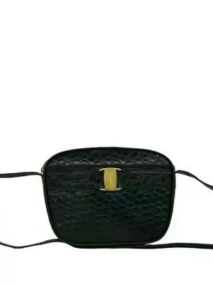 FERRAGAMO Croc Embossed Leather Vara Crossbody Bag - Black