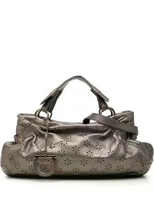 FERRAGAMO Perforated Metallic Calfskin Gancini Satchel - Brown