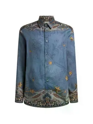 Etro Cotton Muslin Shirt With Placed Pegaso Print - Blue
