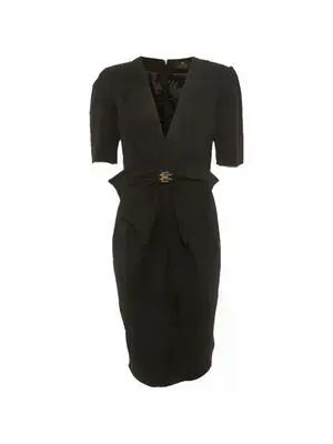 Elisabetta Franchi Crepe V-neck Dress With Bow Detail - Black