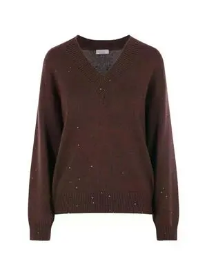 Brunello Cucinelli Sequin-embellished V-neck Sweater - Brown