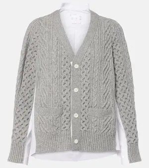Sacai Cable-knit Wool And Poplin Cardigan - Grey