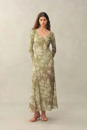 Fabrique Iris Handpainted Floral Long Sleeve Dress In Viscose - Multicolor