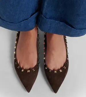 Valentino Garavani Rockstud Suede Ballet Flats - Brown
