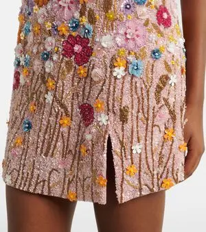 LA FUORI Embellished Floral Appliqué Silk Minidress
