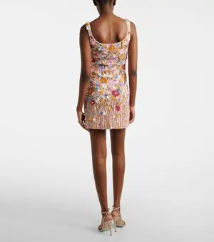 LA FUORI Embellished Floral Appliqué Silk Minidress