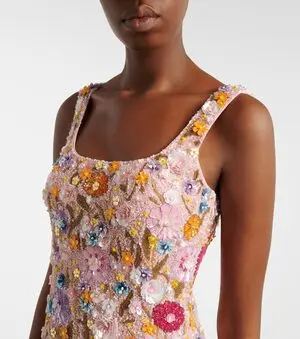 LA FUORI Embellished Floral Appliqué Silk Minidress