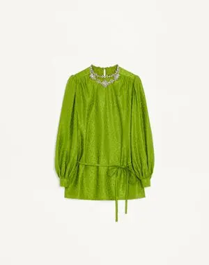 Valentino Garavani Silk-linen Jacquard Top With Rhinestone Embroidery - Avocado