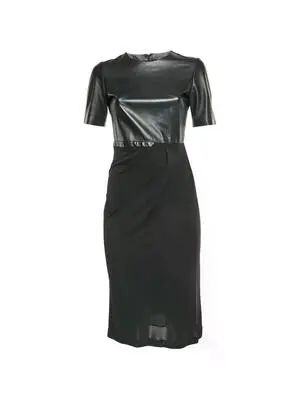 Gucci Leather Bodice Draped Midi Dress With Short Sleeves And Round Neck