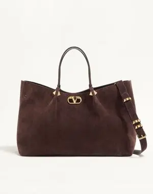 Valentino Garavani Large Shopping Bag In Soft Suede With Maxi Studs - Ebony
