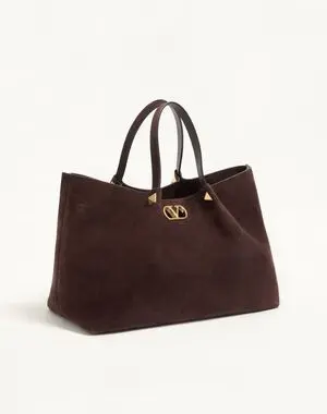 Valentino Garavani Large Shopping Bag In Soft Suede With Maxi Studs - Ebony