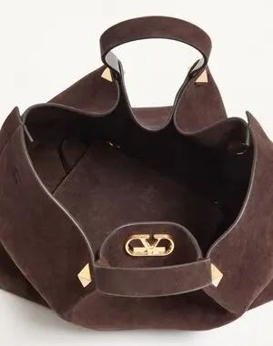 Valentino Garavani Large Shopping Bag In Soft Suede With Maxi Studs - Ebony