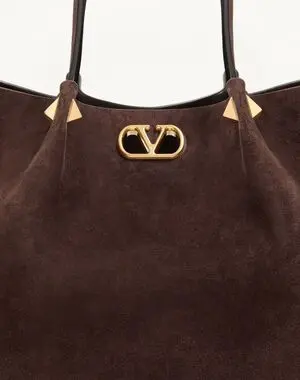Valentino Garavani Large Shopping Bag In Soft Suede With Maxi Studs - Ebony