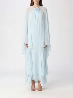 Retrofete V-neck Chiffon Midi Evening Dress Retrorfete With Ruffle Details - Blue