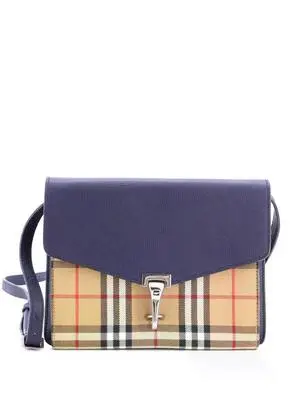 Burberry Macken Small Crossbody Bag In Leather And Vintage Check Canvas - Blue