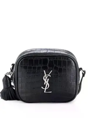 Saint Laurent Monogram Crocodile Embossed Leather Small Crossbody Bag - Black