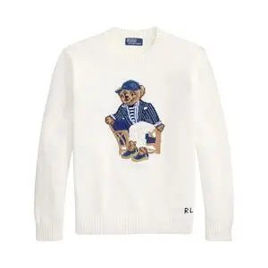 Polo Ralph Lauren Linen Cotton Novelty Newport Bear Crewneck Sweater 'deckwash - White