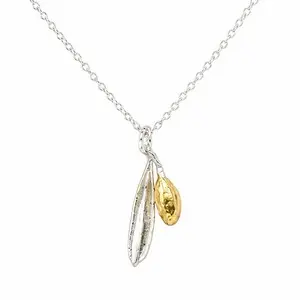 MOTHER NATURE JEWELRY Silver / Gold Two-tone Olive Leaf Necklace, Handmade Silver Pendant With Gold Detail Minimalist Jewelry - Silver/gold
