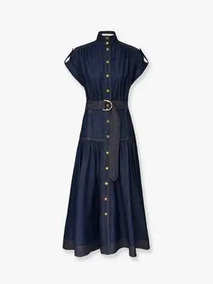 Zimmermann Long Denim Dress With High Collar And Snap-button Closure - Multicolor