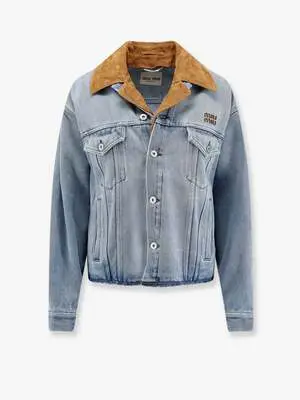 Miu Miu Denim Jacket With Suede Collar And Fringed Hem - Multicolor