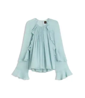 BOSS Ruffled Bell Sleeve Blouse In Lightweight Creponne - Turquoise