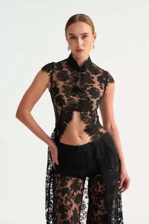 SAU LEE Saphina Lace Top - Black