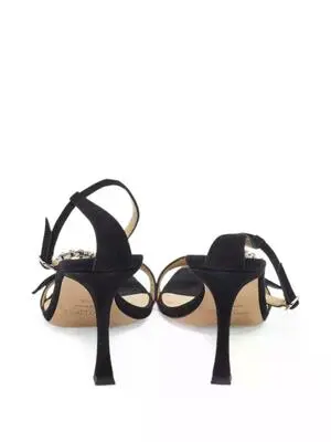 JIMMY CHOO Suede Crystal Embellished Square Toe High Heel Sandals