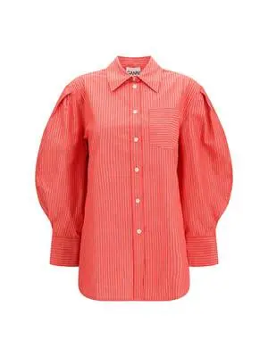 GANNI Striped Cotton Shirt With Balloon Sleeves - Red