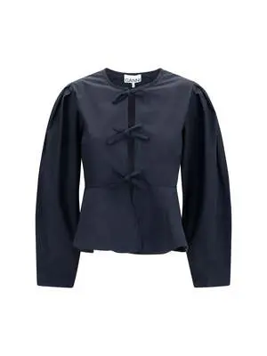GANNI Cotton Poplin Blouse With Bow Detail - Black