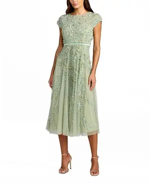 Mac Duggal Embellished Floral Cap Sleeve Midi Dress - Sage