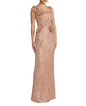 Mac Duggal Sleeveless Sequin Column Gown With 3d Flowers - Copper