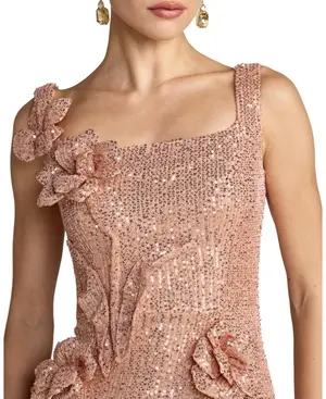 Mac Duggal Sleeveless Sequin Column Gown With 3d Flowers
