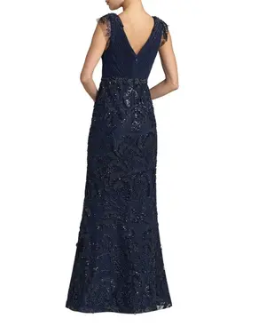 Mac Duggal Petite Floral Beaded Chiffon V-neck Evening Gown - Midnight