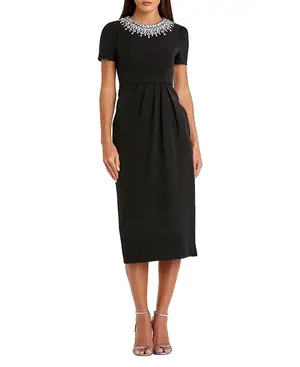 Mac Duggal Petite Short Sleeve Rhinestone Neckline Midi Dress - Black