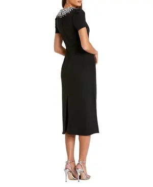 Mac Duggal Petite Short Sleeve Rhinestone Neckline Midi Dress
