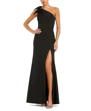 Mac Duggal One-shoulder Gown With Sculptural Bow And Slit - Black