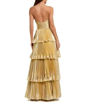 Mac Duggal Strapless Pleated Metallic Layered Gown