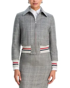 Thom Browne Down-filled Windowpane Tweed Cropped Flight Jacket - Medium Grey