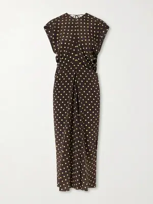 Marni Ruched Polka-dot Silk-blend Midi Dress